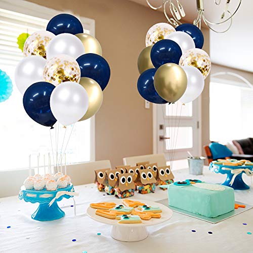 Navy Blue and Gold Confetti Balloons, 60 pcs 12 inch Pearl White and Gold Metallic Chrome Party ...