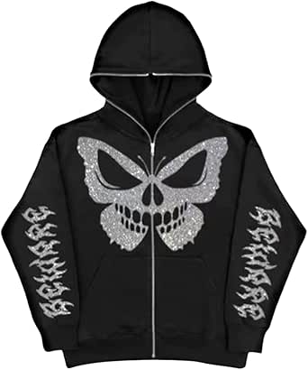 Rhinestone Graphic Zip up Hoodies Goth Punk Women Men Oversized Baggy Jacket Skeleton Loose ...