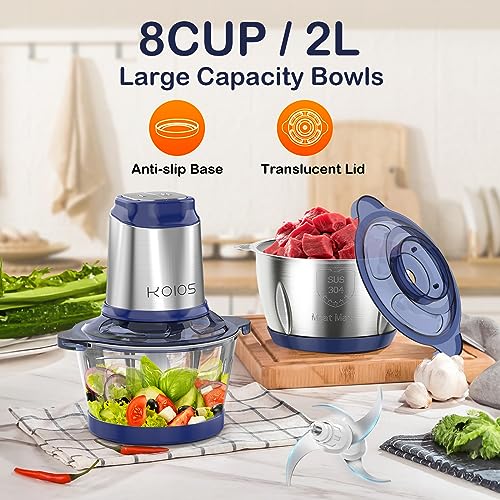 KOIOS 500W Powerful Electric Food Processor with 8 Cup Stainless Steel & Glass Bowls, 2 Speed ...