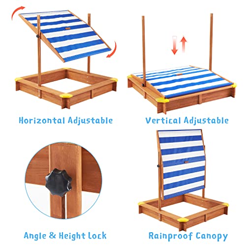 Kids Sandbox with Cover, 46'' Wooden Sand Box w/Adjustable Canopy ...