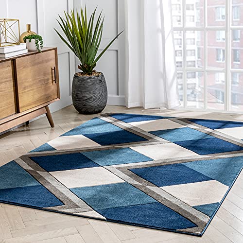 Well Woven Naya Blue Modern Geometric Diamond Boxes Pattern Area Rug ...