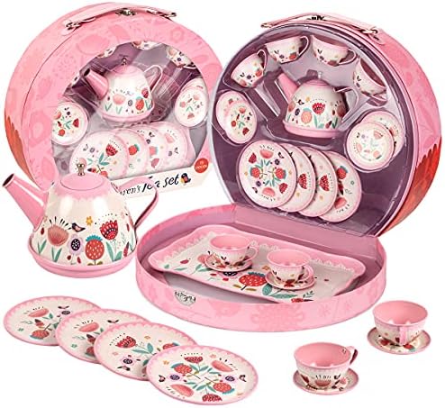 UNIH Tea Set for Little Girls,Kids Tea Set Pink Tin Tea Party Set with ...