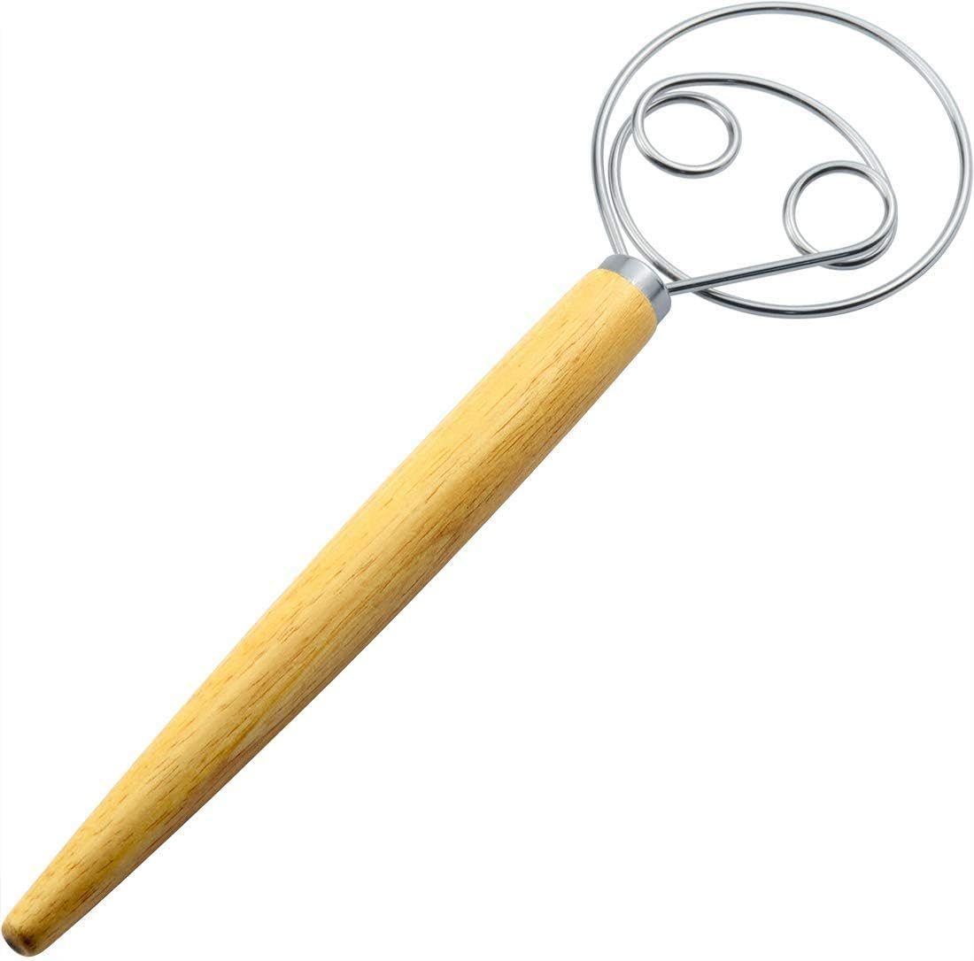 HINMAY Danish Dough Whisk 13-Inch Wooden Handle Dutch Dough Whisk ...