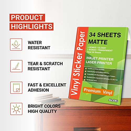 Premium Printable Vinyl Sticker Paper for Inkjet & Laser Printer - 34 Sheets Self-Adhesive ...