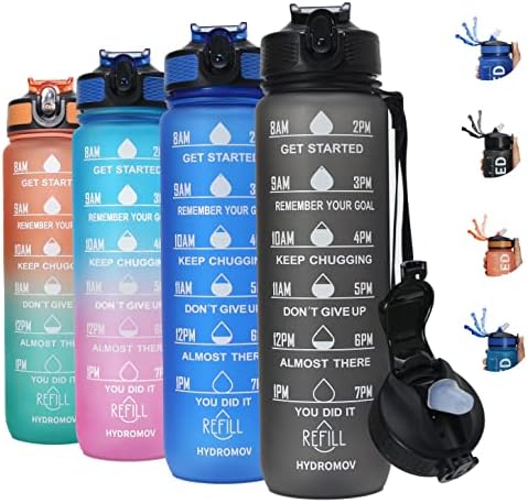 HydroMov Water Bottle 1L/32oz with Motivational Time Marker Straw Strainer - Leak-proof BPA Free ...