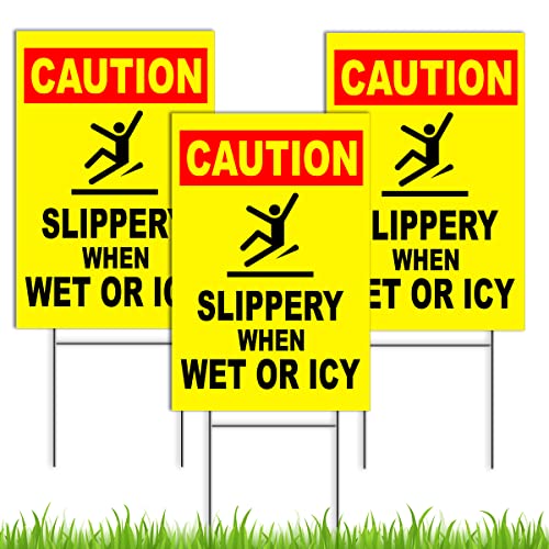 3 PC Caution Slippery When Wet or Icy Sign - 8 x 12 DOUBLE SIDED ...