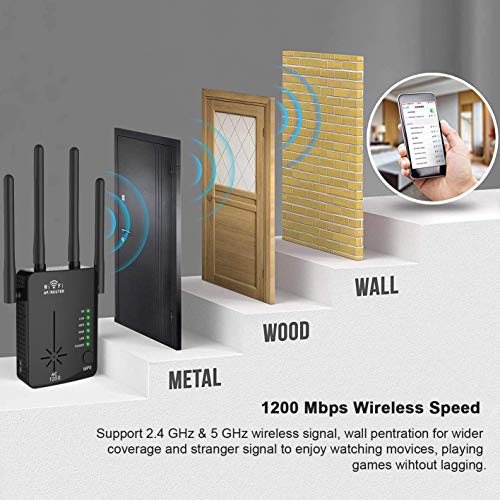 WiFi Range Extender, 1200Mbps Repeater Wireless Signal Booster 5GHz & 2.4GHz Dual Band with 4 ...