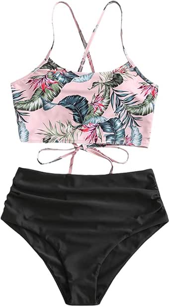 Amazon.com: ZAFUL Sunflower Bikini Set Padded Lace Up Ruched Tankini ...