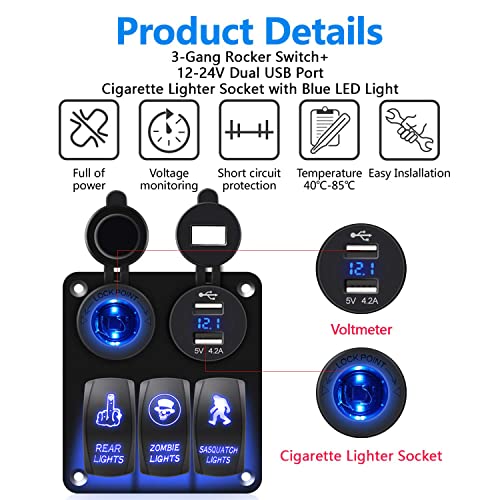 3 Gang Rocker Switch Panel USB Charger LED Voltmeter Sasquatch Lights ...