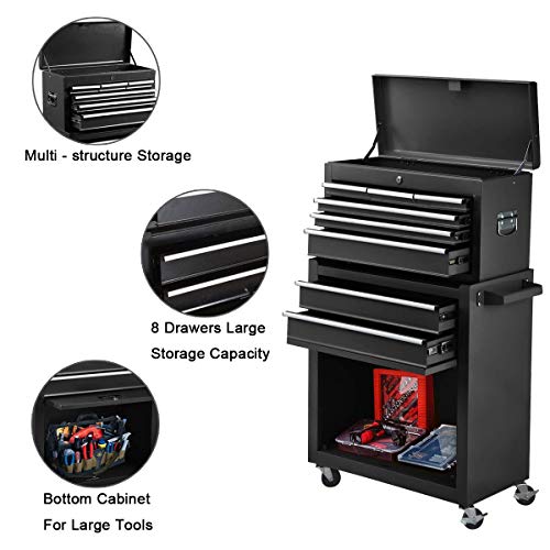 8-Drawer Big Tool Chest Of Thick Steel, 2 in 1 Detachable Rolling Tool Chest with Wheels ...