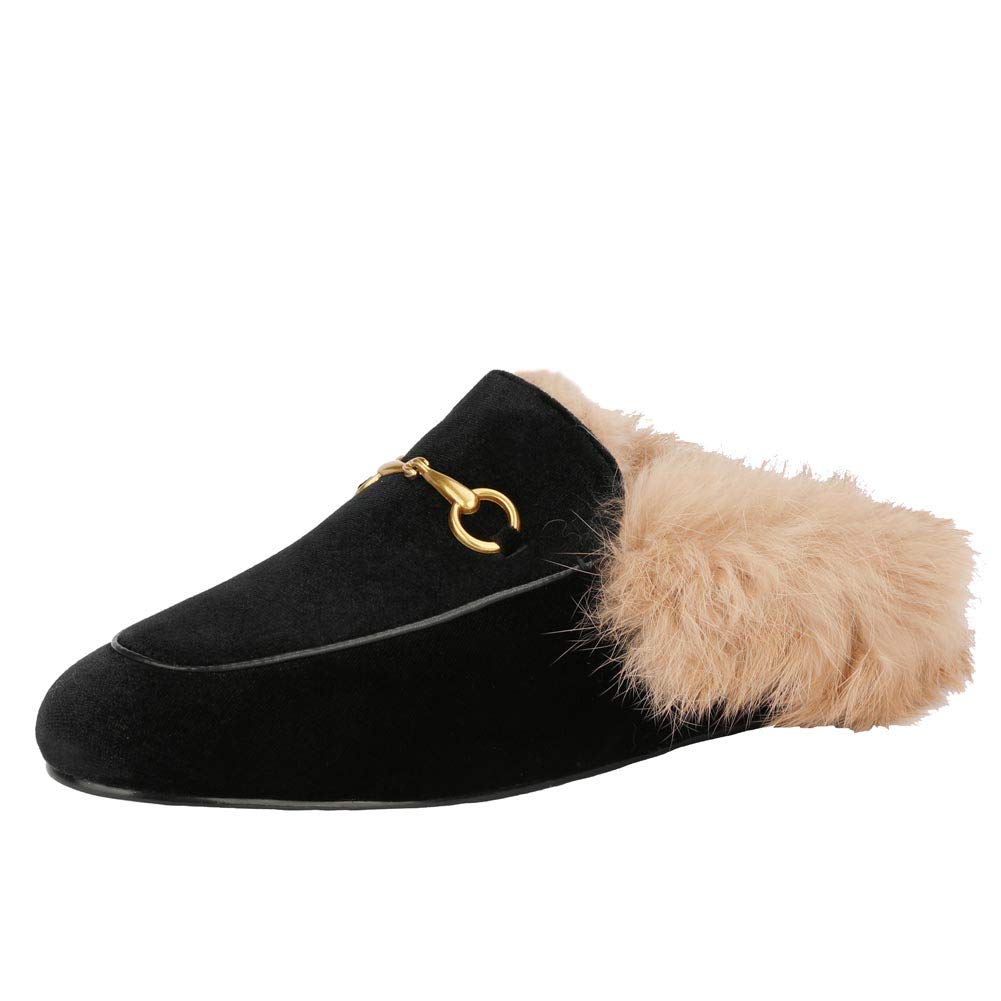 Fur Mules for Women Leather Low Heel Loafers Pointed Toe Rabbit Furry ...