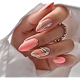 Amazon.com: RikView Pink Press on Nails Medium Fake Nails with Flowers Design Almond Nails ...