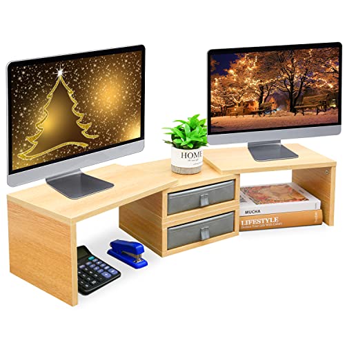 TEAMIX 42 inch Dual Monitor Stand Riser with 2 Drawers- Length and ...