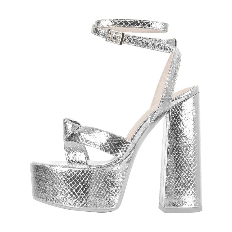 Onlymaker Silver Platform Heels for Women Chunky Heel Sexy Ankle Strap ...