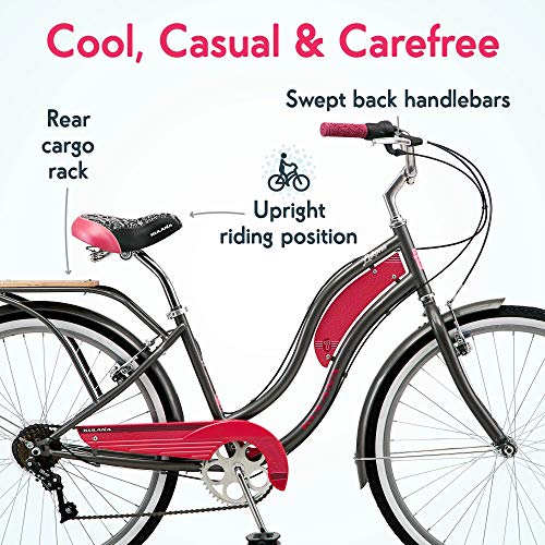 Kulana Lakona Tide Adult Beach Cruiser Bike, 26-Inch Wheels, 7-Speed, Gray/Pink | Pricepulse