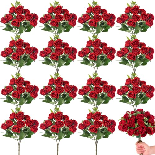 Zeyune 16 Bunches 12 in Artificial Mini Rose Bouquet 160 Heads Bridal ...