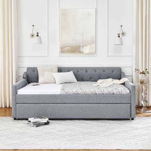 LUSPAZ Full Size Upholstery Daybed with Trundle and USB Charging Design ...