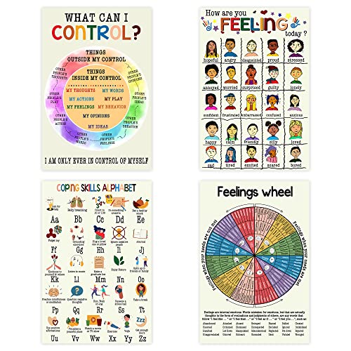 4 Pcs Mental Health Posters- Feeling Wheel Chart, Educational Classroom ...