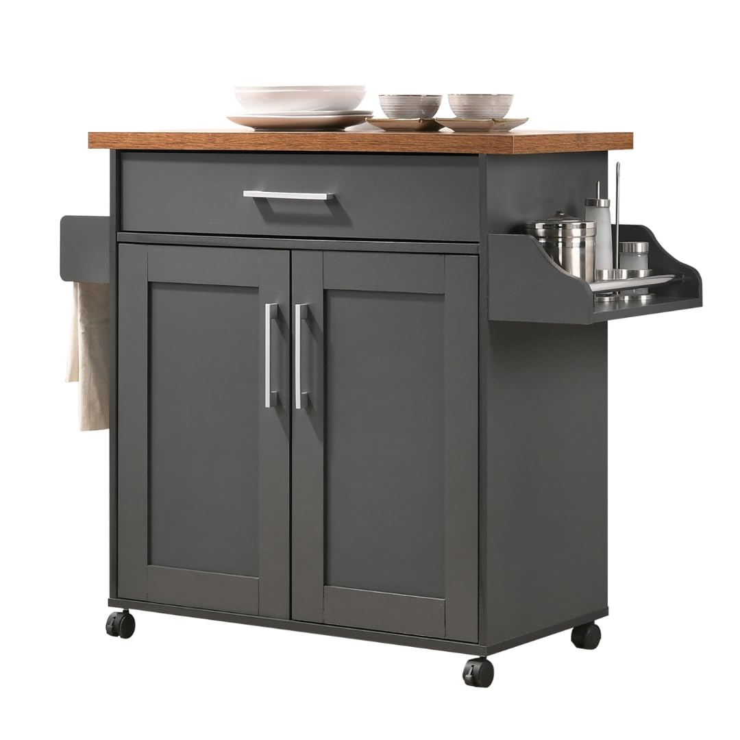 Hodedah Rolling Wood Kitchen Island Cart with Spice Rack, Towel Rack ...