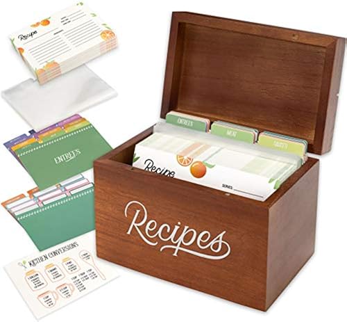 Wood Recipe Box with Cards and Dividers plus Recipe Card Protectors 4x6 ...