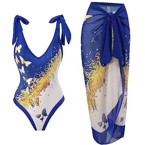 Women's One Piece Swimsuit with Cover up Beach Skirt Butterfly Floral ...