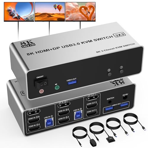 8K Displayport + 2 HDMI KVM Switch 3 Monitors 2 Computers USB 3.0-8K ...