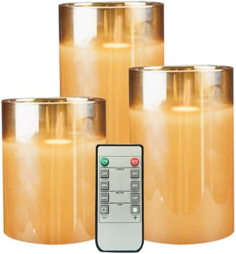 Brown Glass Flameless Candles Flickering with Remote Timers Gift Set of ...