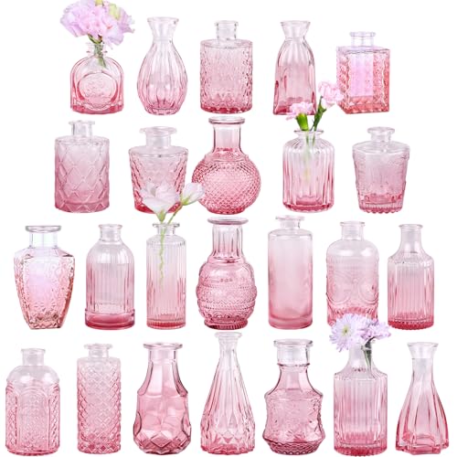 TBWIND Pink Glass Bud Vase Set of 24, Small Flower Vases for ...