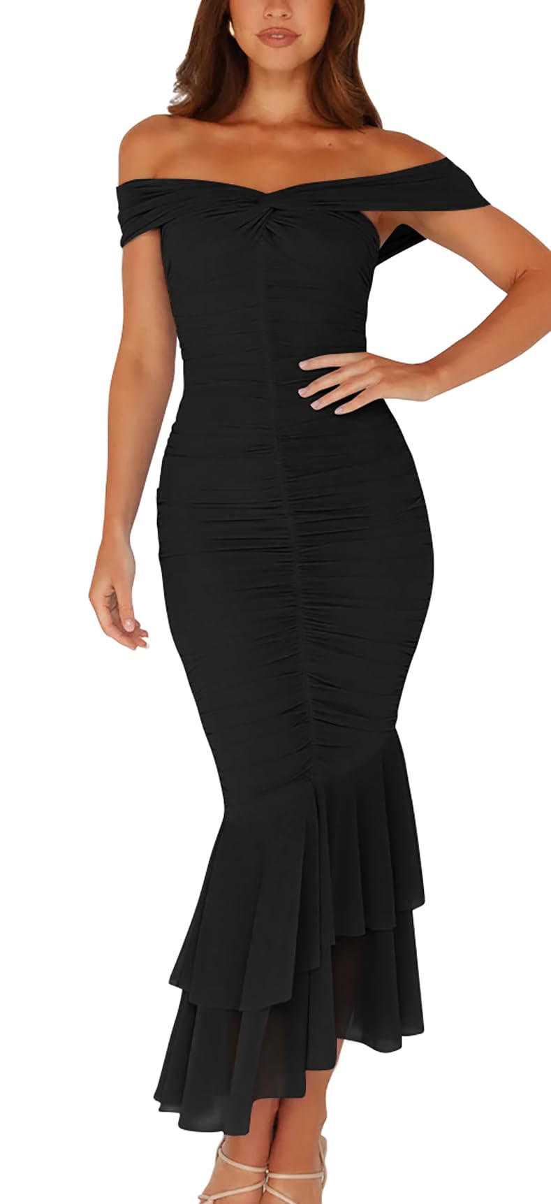 GOBLES Women's Sexy Off The Shoulder Slim Fitting Ruffle Buttom Ruched ...