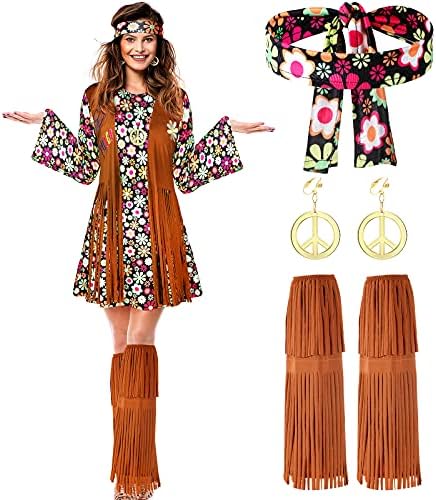 SATINIOR Women Hippie Costume Set Peace Sign Earring Necklace Headband Dress Ankle Socks (Black ...