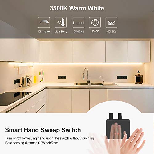 Warm White LED Strip,32.8 ft Dimmable Hand Wave Activated Control Light ...