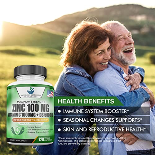 Zinc 100mg, Vitamin C 1000mg, Vitamin D 5000IU per Serving, Immune Support for Adults, Immune ...