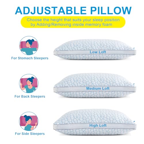 QUTOOL Luxury Cooling Memory Foam Pillows 2 Pack, Bamboo Bed Pillows Standard Size Set of 2 ...