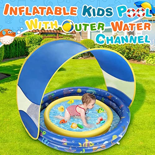 Inflatable Baby Splash Pad Pool with Canopy Annular Kiddie Pool with ...