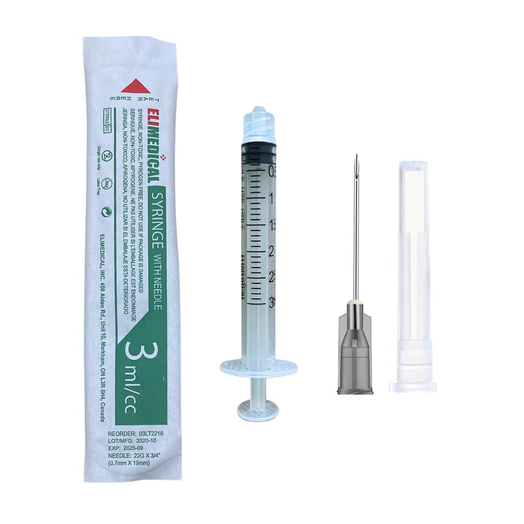 Elimedical Veterinary Syringe with Needle, Luer Lock 3cc (3ml), 22G x 3/4 inch (19mm ...