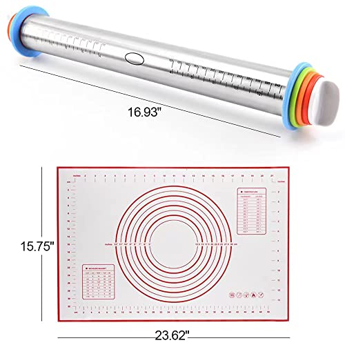 17'' Adjustable Rolling Pin Stainless Steel and 24"x16" Silicone Pastry ...