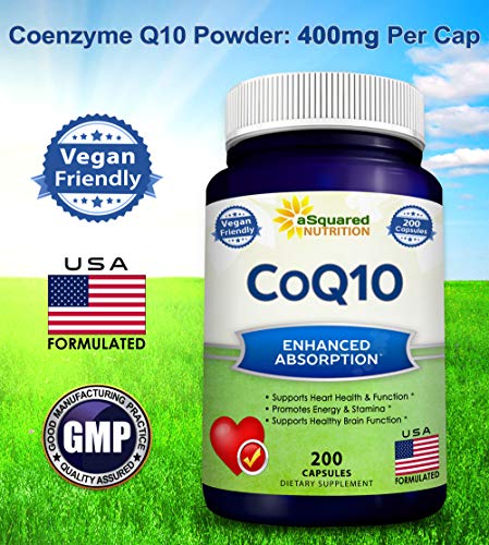 aSquared Nutrition CoQ10 (400mg Max Strength, 200 Capsules) - High Absorption Vegan Coenzyme Q10 ...
