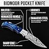 BIDMOOR Folding Damascus Steel Knife- 6.5" Blue Wood Custom Handmade ...