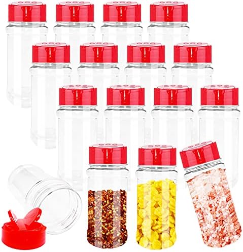 16 Pack 3.5oz Transparent Plastic Spice Jars with Red Shaker Lids,Round ...