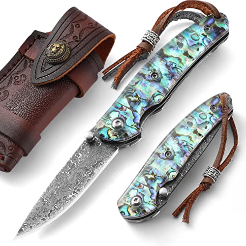 Damascus Pocket Knife for Men AUGENWEIDE Abalone Seashells Handle ...