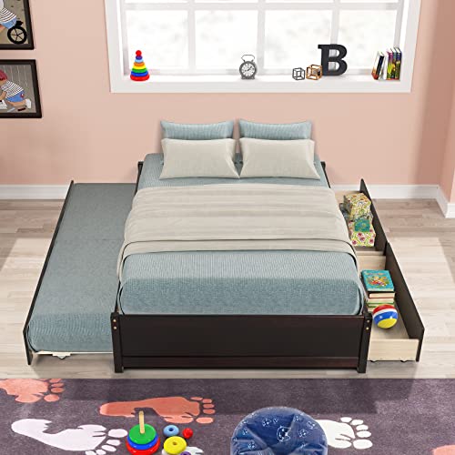 Bellemave Full Bed with Trundle and Two Drawers, Solid Wood Platform ...