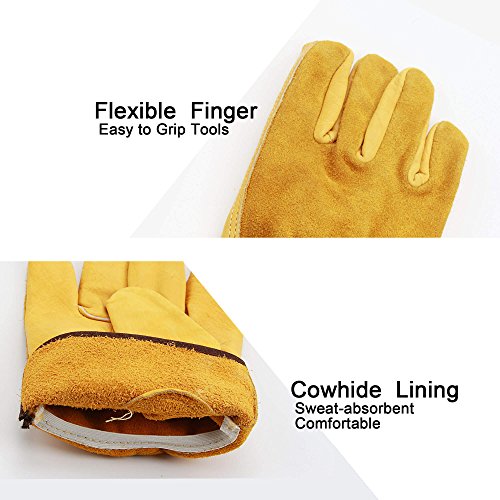 OZERO Leather Work Gloves Flex Grip Tough Cowhide Gardening Glove for Wood Cutting/Construction ...