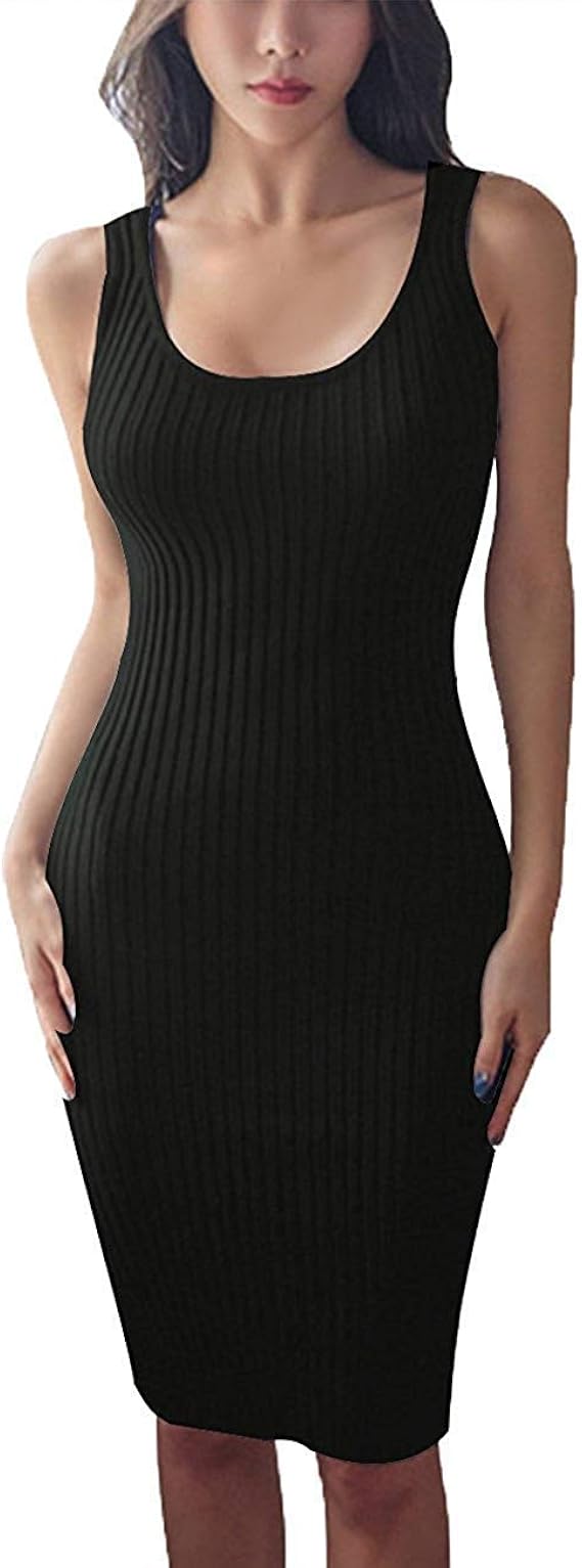 FAIMILORY Women's Basic Ribbed Sundress Stretchy Bodycon Casual Midi ...