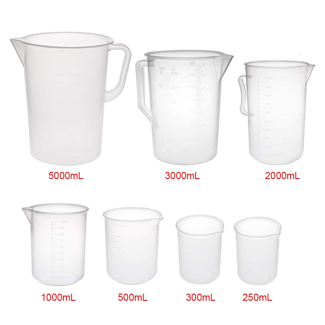 sourcing map Measuring Cup 5000ml 3000ml 2000ml 1000ml 500ml 300ml 250ml Set of 7, PP Plastic ...