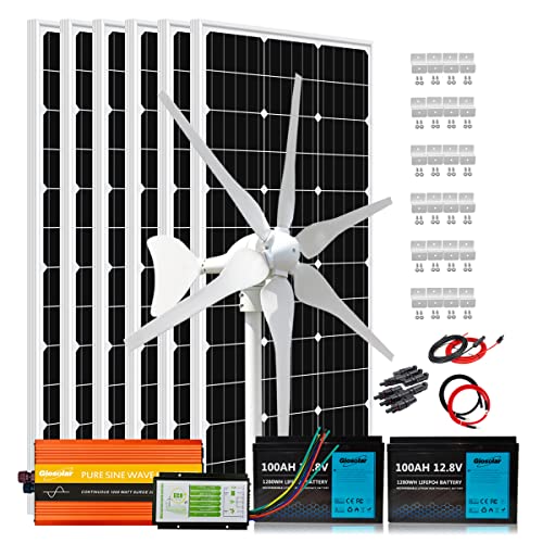 6X 100W Mono Solar Panels + 400W Wind Turbine Generator + 2X 100AH ...