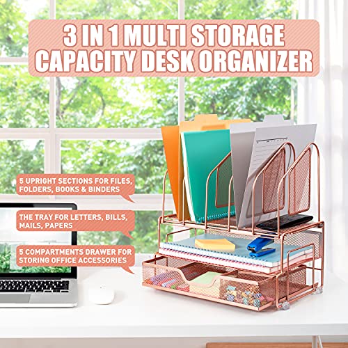 Beiz Rose Gold Desk Organizer with Storage Drawer, 2 Paper Tray & 5 ...