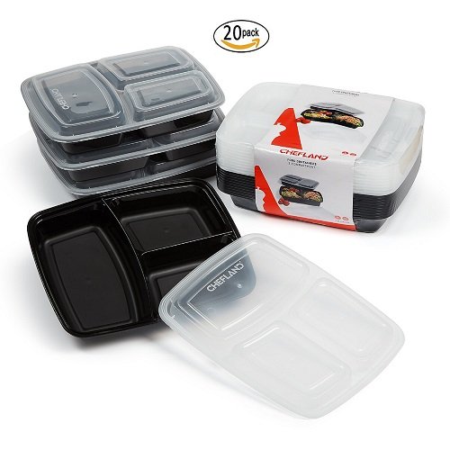 ChefLand 20-Pack 3 Compartment Bento Lunch Boxes