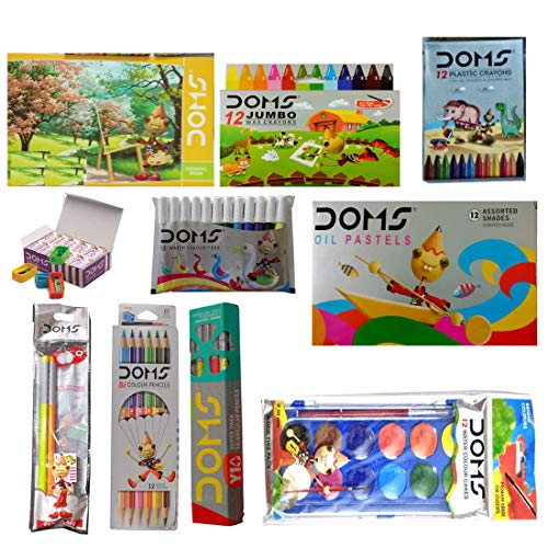 DOMS ART SUPPLIES with PENCIL , sharpener , DRAWING BOOK , WATER COLOUR ...