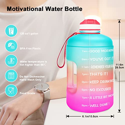 QuiFit Motivational Gallon Water Bottle - with Straw & Time Marker BPA Free Large Reusable Sport ...