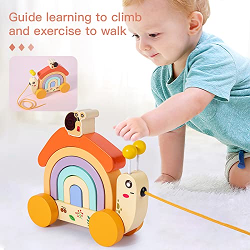 OESSUF Push-Pull Toy Wooden Pull Along Snail Wheelie Snail Stacking ...